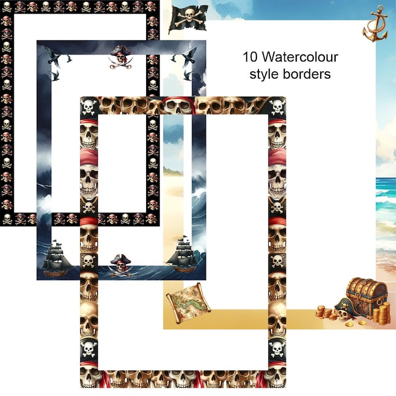 Pirate Skeleton Borders Frames Skulls Anchors Ship Treasure Chest Map ...