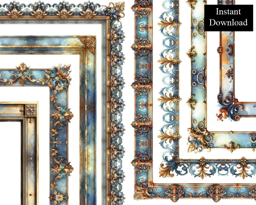 Blue and Gold Decorative Borders Frames Ornate Filigree Blue Copper ...