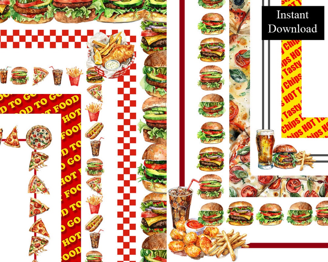 Fast Food Watercolor Borders Frames Take Away Frame Bundle 10 Digital ...