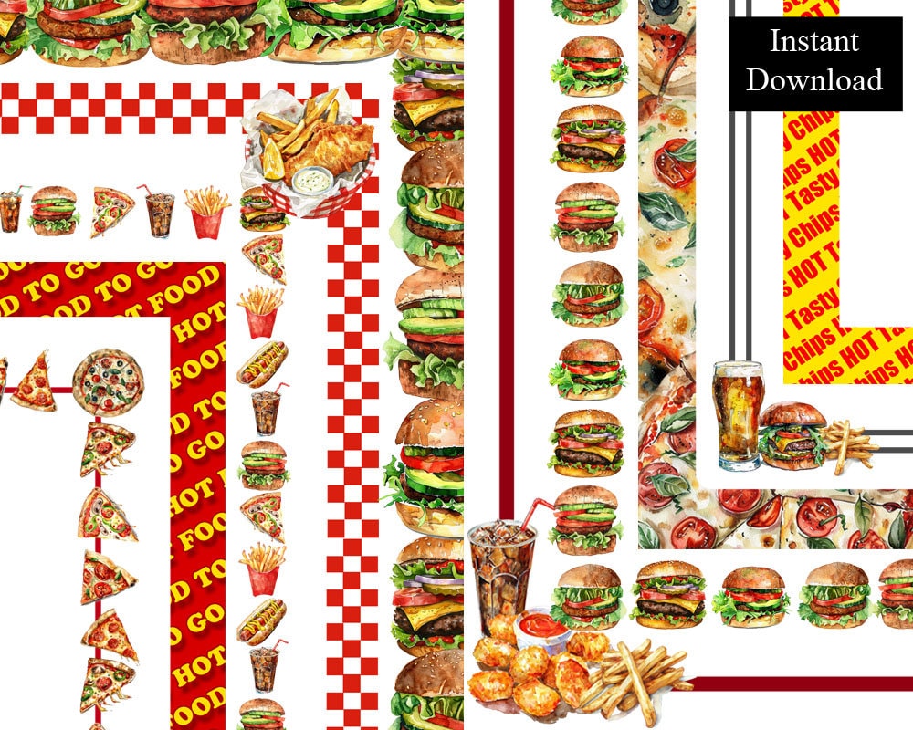 Fast Food Watercolor Borders Frames Take Away Frame Bundle 10 Digital ...