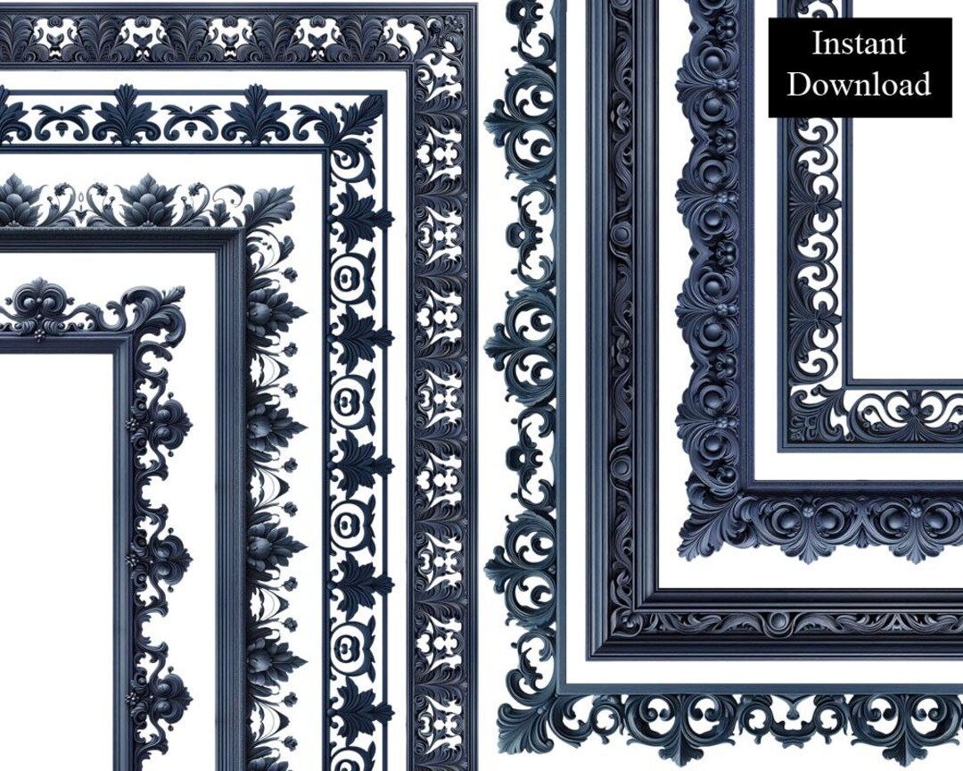 Navy Ornate Frames: Vintage Damask Borders Clip Art (digital Download ...