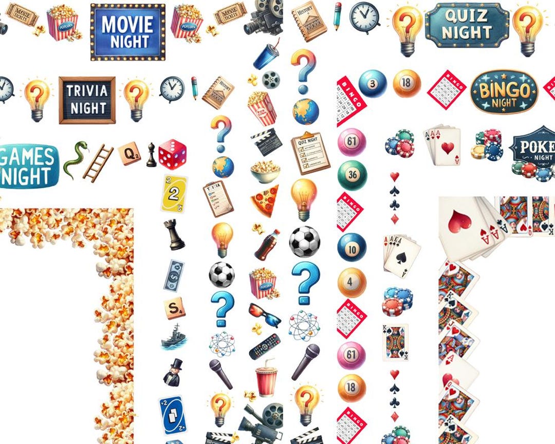 Games Night Watercolour Borders Frames 8 Digital Download Png Poker ...