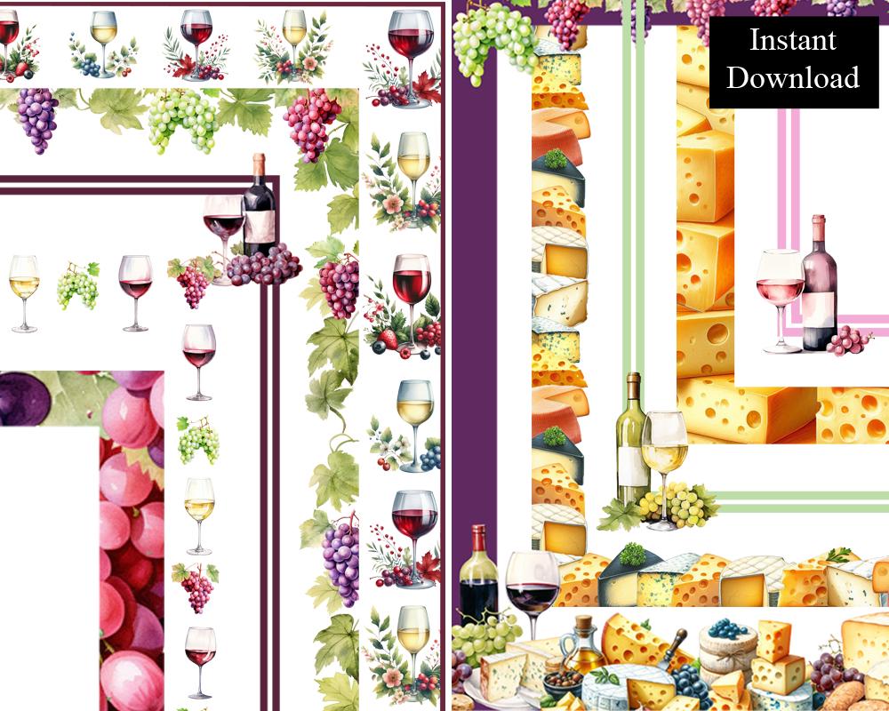 Wine and Cheese Watercolor Borders Grapes Frame Bundle 10 Digital ...