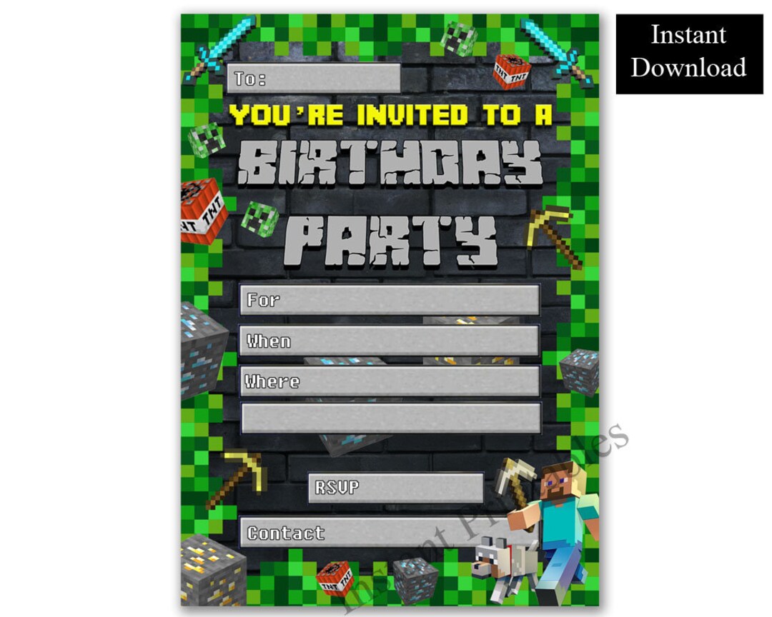 Minecraft Gamer Invitation Printable Birthday Invite Blank Fill in ...