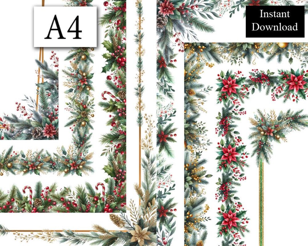 Christmas Greenery A4 Size Watercolour Borders Frames Clip Art Bundle 8 ...