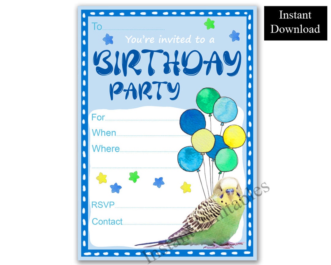 Blank Budgie Birthday Invitation Party Invite Printable Invite