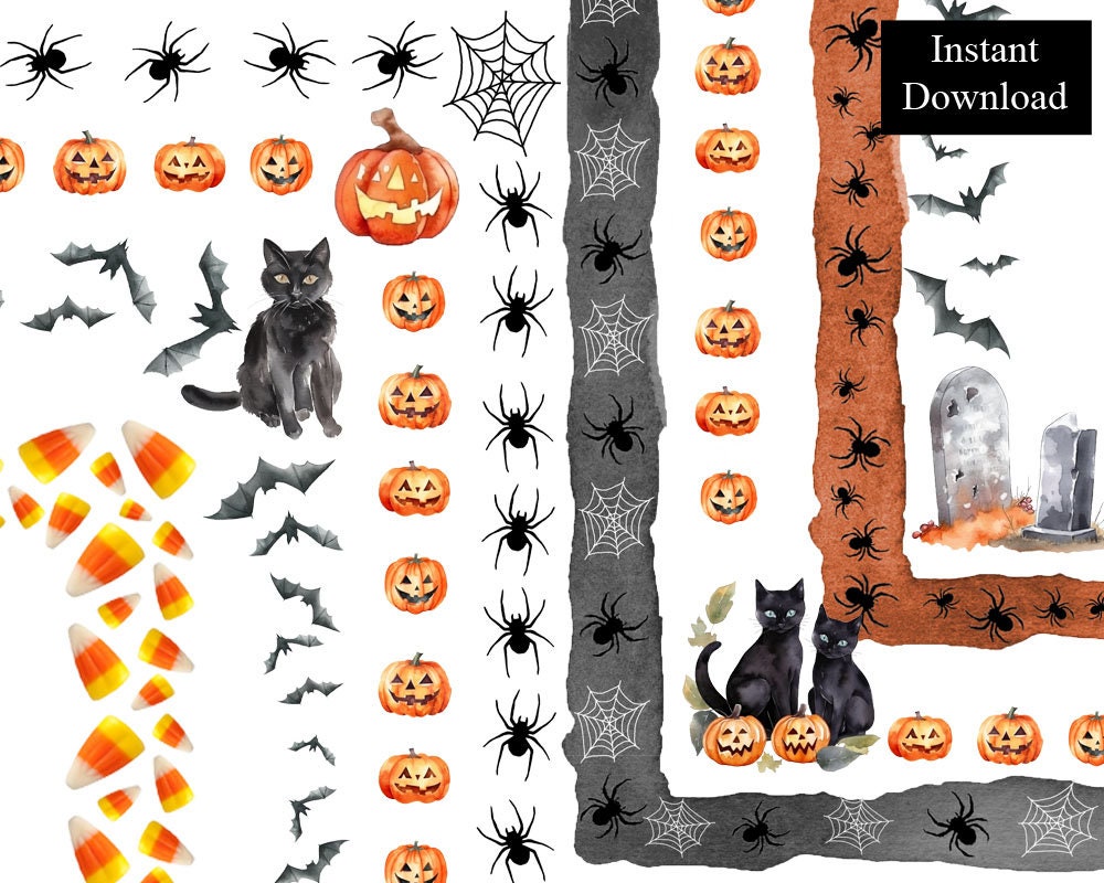 Halloween Spooky Borders Frames Cats Bats Pumpkins Spiders Creepy Clip ...