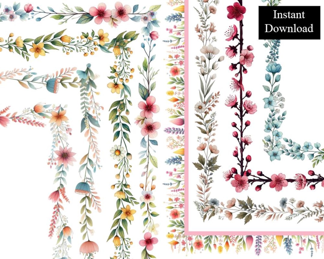 Spring Floral Watercolour Style Border Frame Edge Bundle 8 Digital