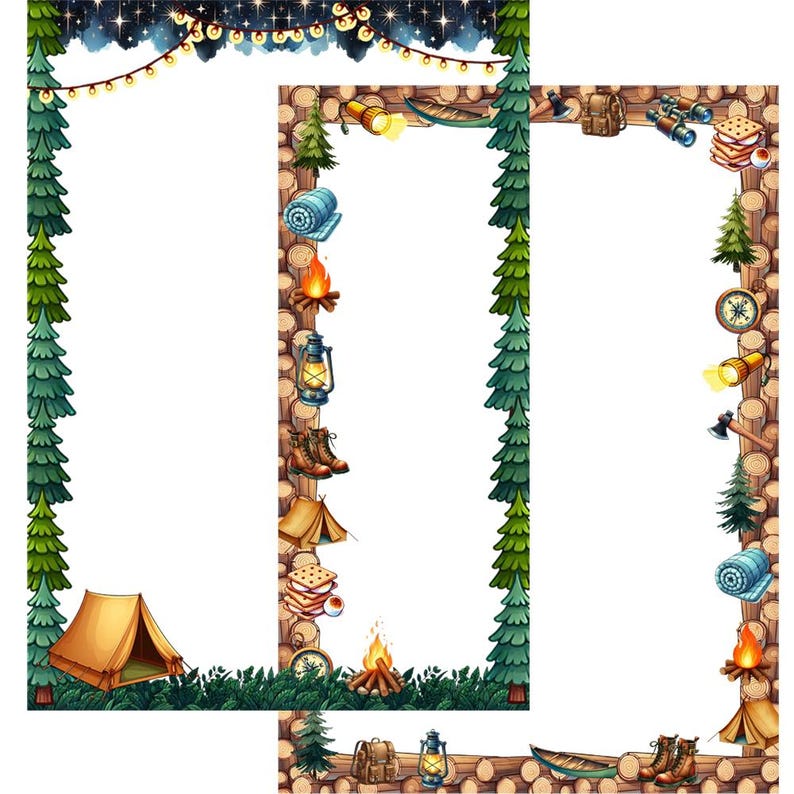 Camping Watercolour Borders Frames Tents Log Fire Camp Items Clip Art ...