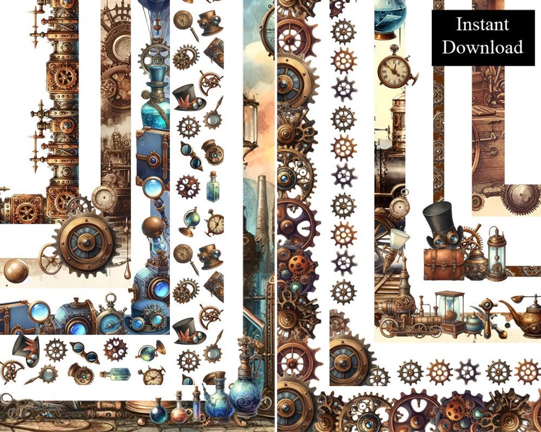 Steampunk Watercolour Borders Frames Junk Cogs Gears Bundle 10 Digital ...