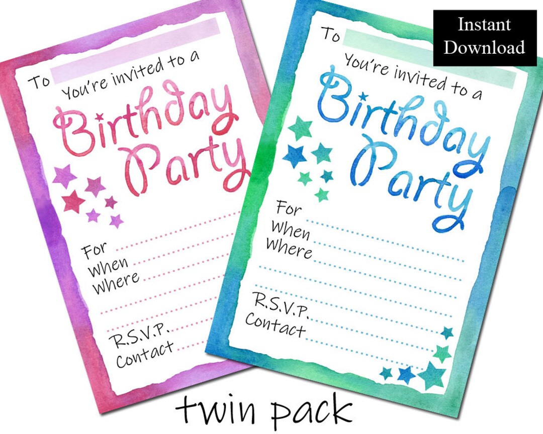 Two Blank Fill in Birthday Invitations Boy Girl Party Invite Printable ...