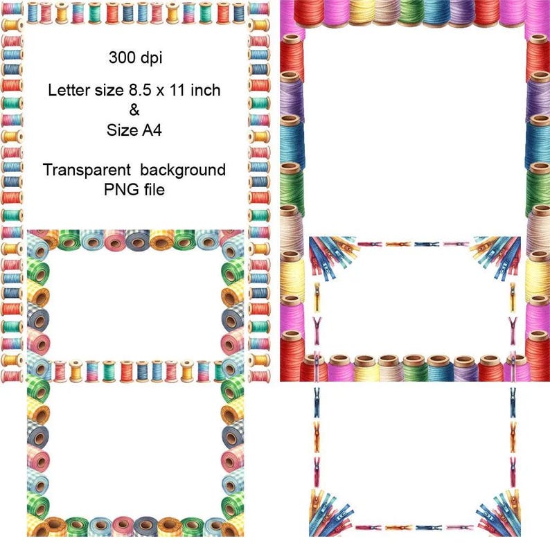 Sewing Dressmaking Watercolour Borders Zips Threads Buttons Spools ...