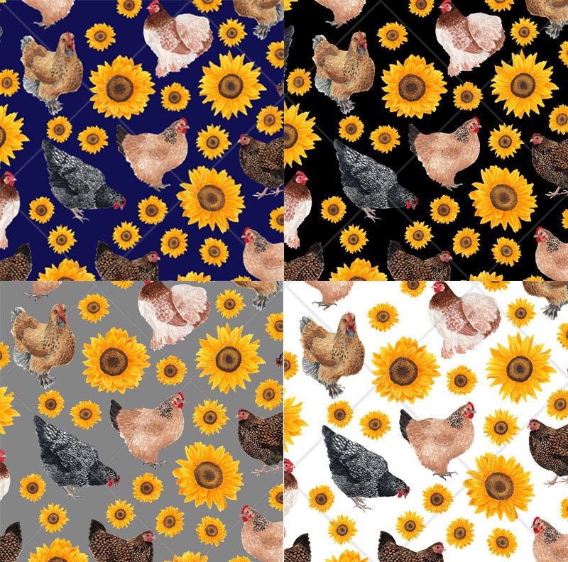 Chicken Sunflower Watercolor Seamless Repeat Tile Pattern Digital Paper ...