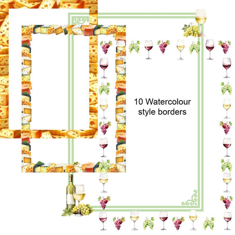 Wine and Cheese Watercolor Borders Grapes Frame Bundle 10 Digital ...