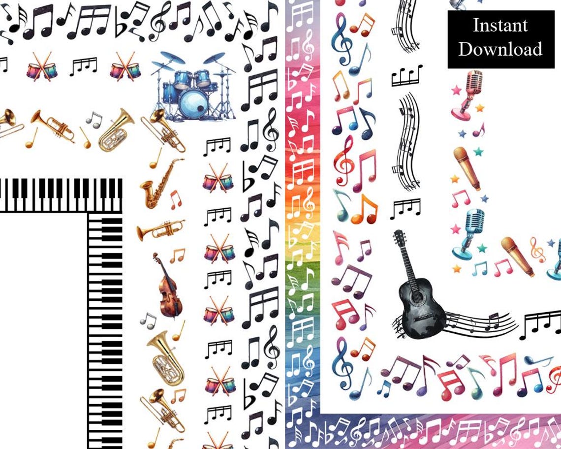 Music Borders Watercolour Frames 8 Clipart Bundle Digital Piano Notes ...