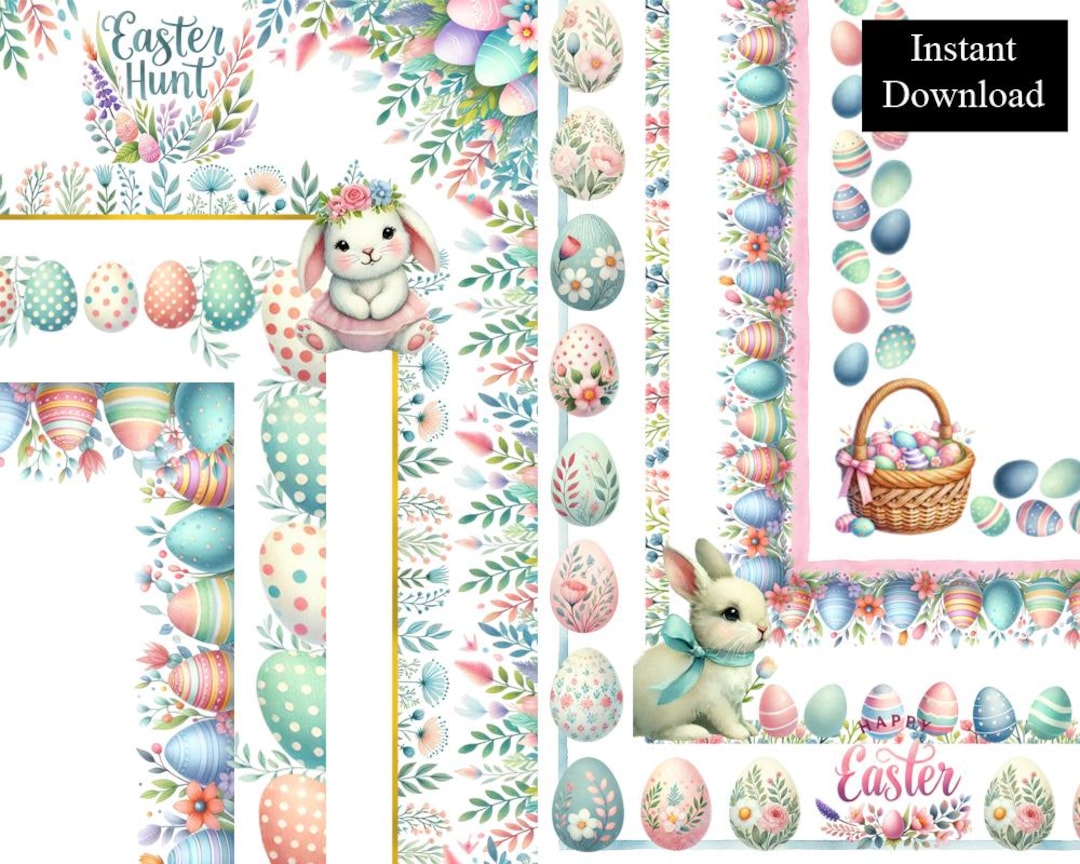 Easter Hunt Watercolour Borders Frames Floral Rabbit Easter Egg Clip ...