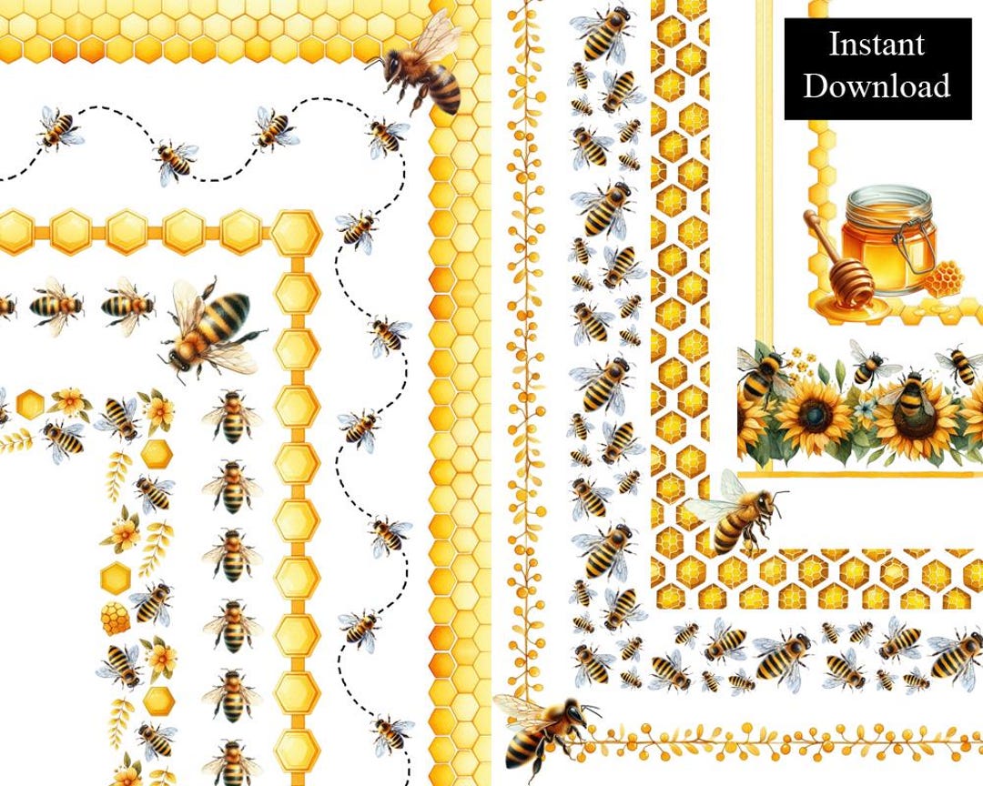 Bees Watercolour Borders Frames Honey Bee Clip Art 10 Digital Download ...