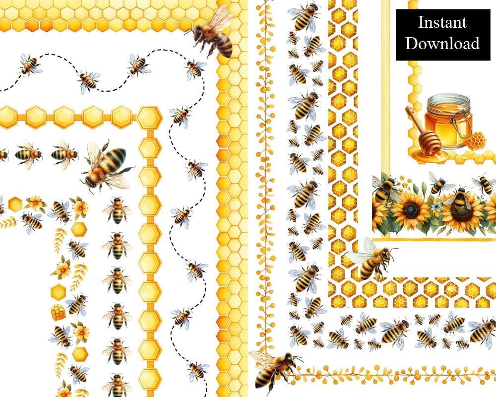 Bees Watercolour Borders Frames Honey Bee Clip Art 10 Digital Download ...