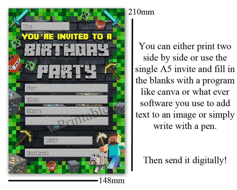 Minecraft Gamer Invitation Printable Birthday Invite Blank Fill in ...
