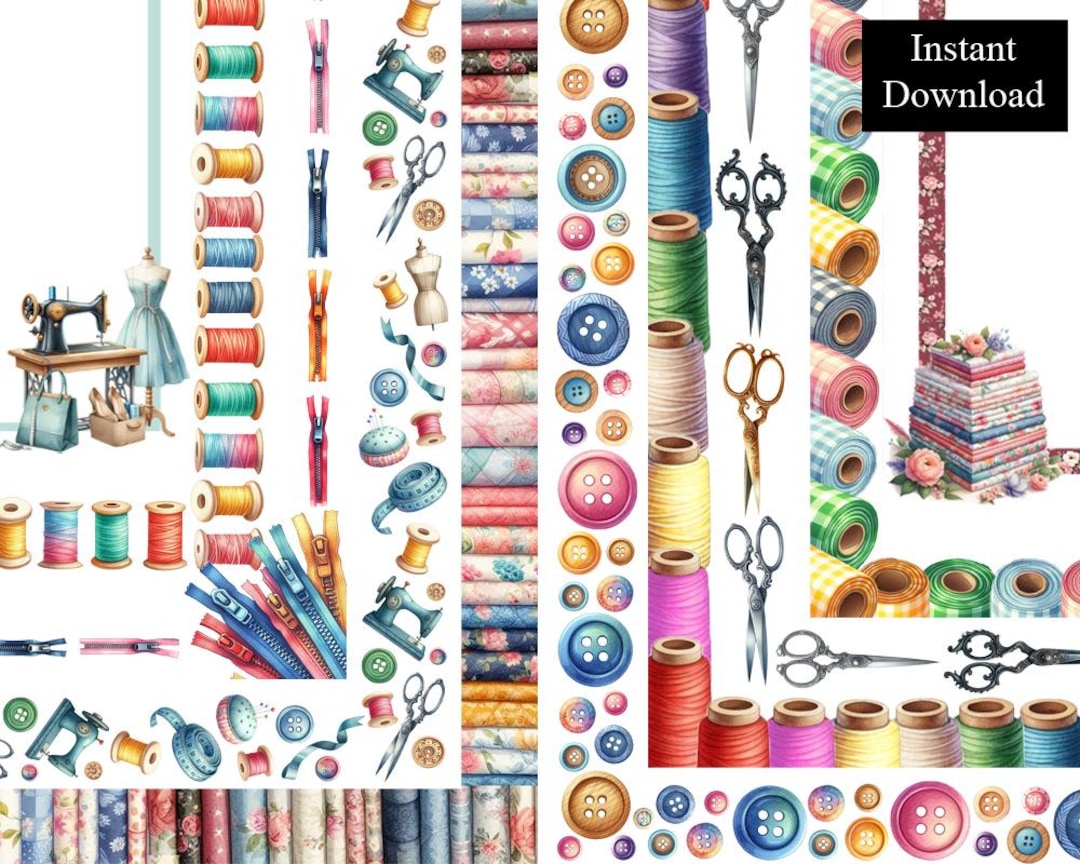 Sewing Dressmaking Watercolour Borders Zips Threads Buttons Spools ...