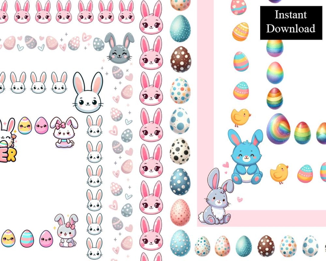 Cute Easter Colourful Borders Frames Cartoon Rabbit Easter Egg Clip Art ...