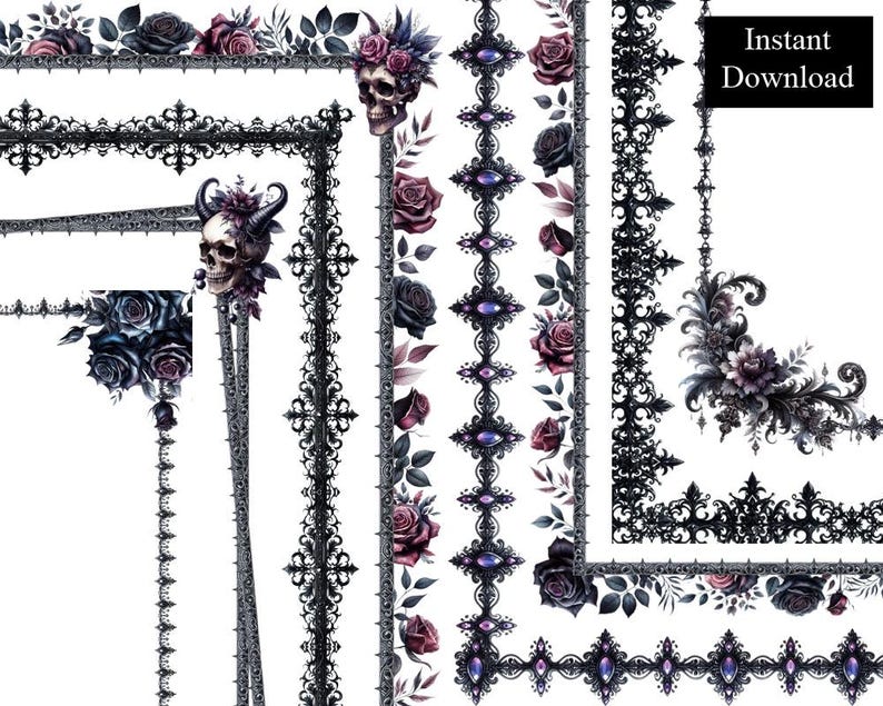 Gothic Rose Skulls Borders 8 Frames Ornate Gothic Clip Art Digital ...