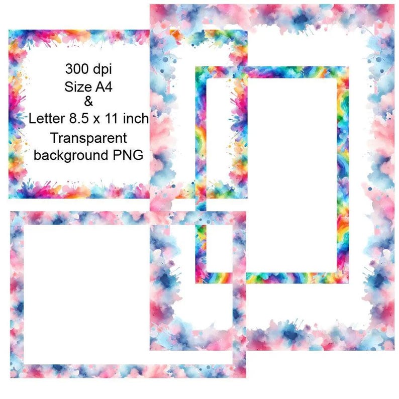 Splashy Rainbow Watercolour Style Border Frame Edge Bundle 10 Digital ...