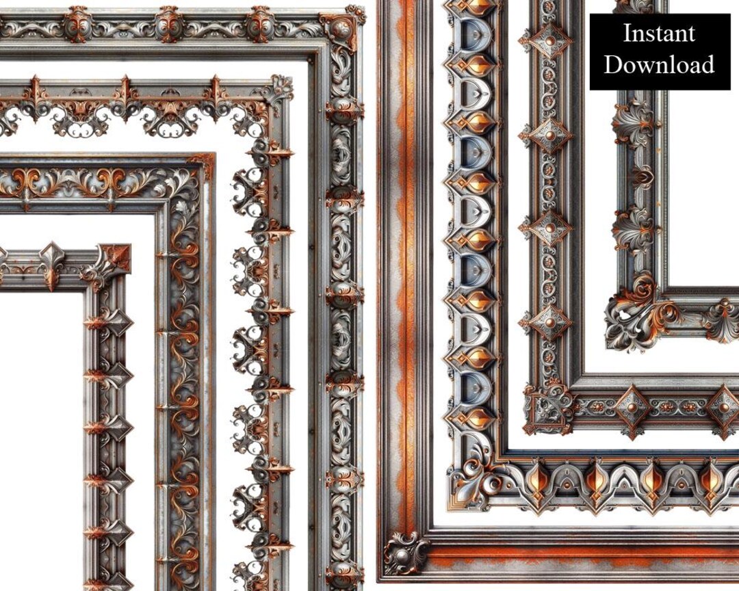Rusty Silver Borders 8 Frames Ornate Metallic Style Clip Art Digital ...
