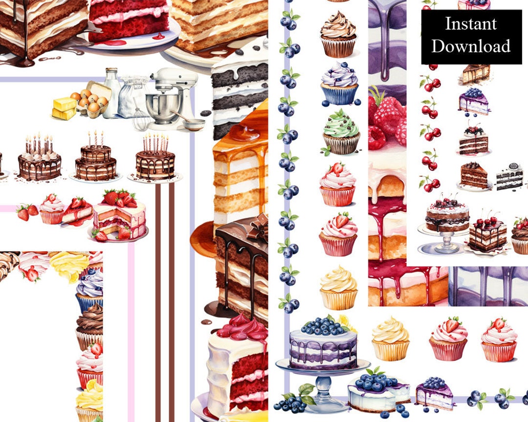Cakes Watercolor Borders Frames Baking Frame Bundle 10 Digital Download ...