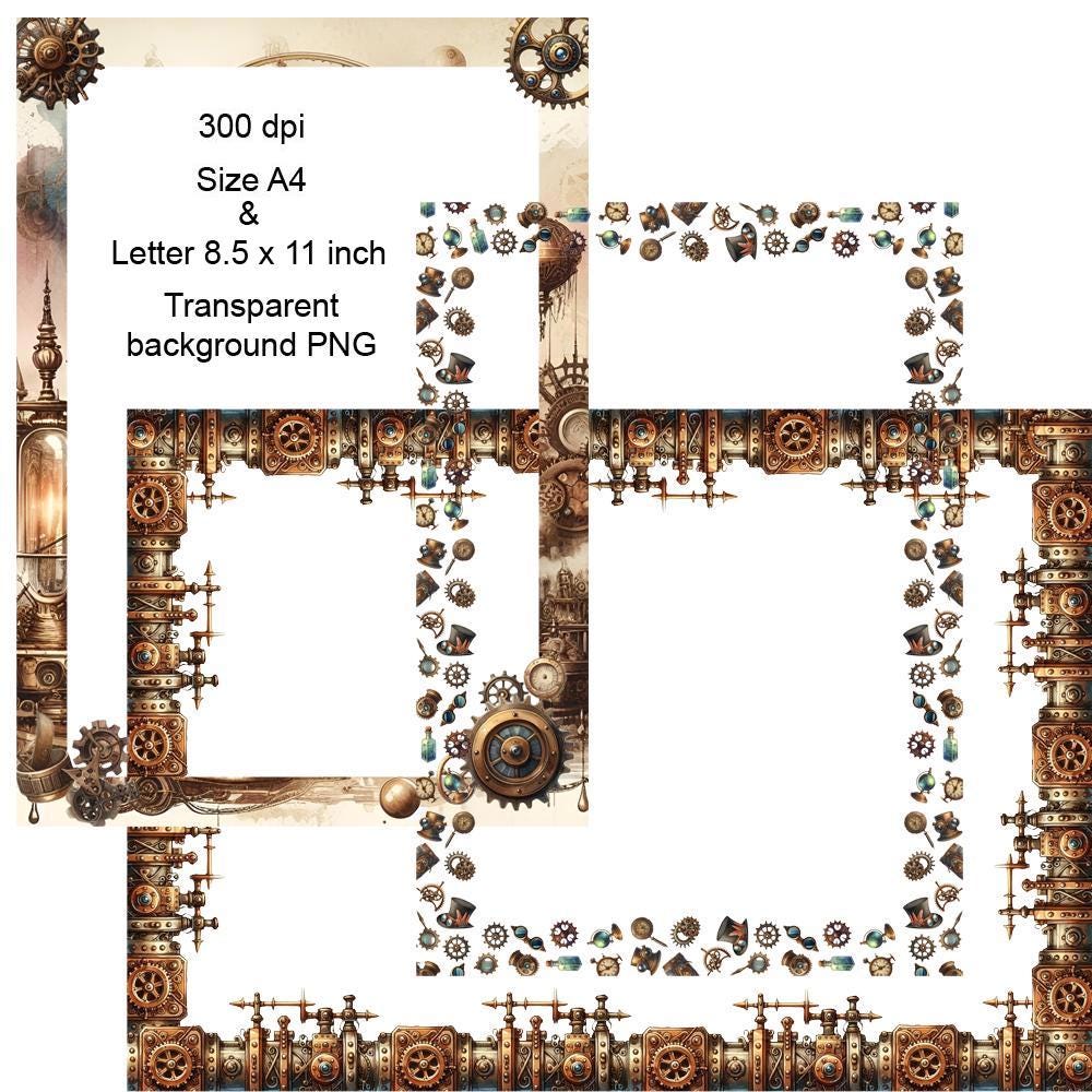 Steampunk Watercolour Borders Frames Junk Cogs Gears Bundle 10 Digital ...