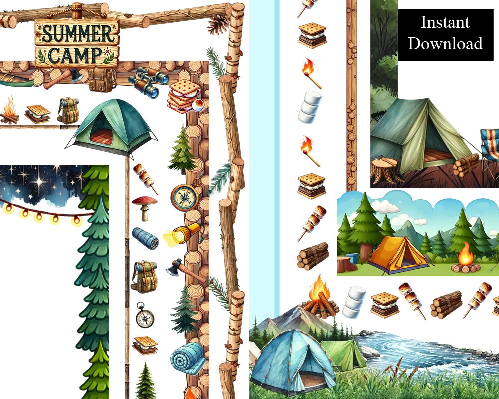 Camping Watercolour Borders Frames Tents Log Fire Camp Items Clip Art ...