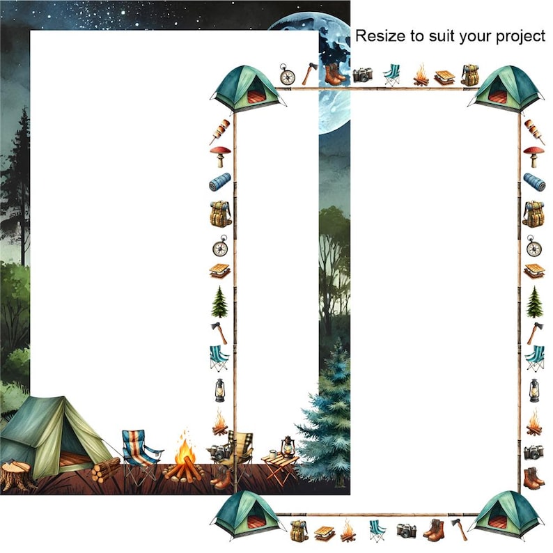 Camping Watercolour Borders Frames Tents Log Fire Camp Items Clip Art ...