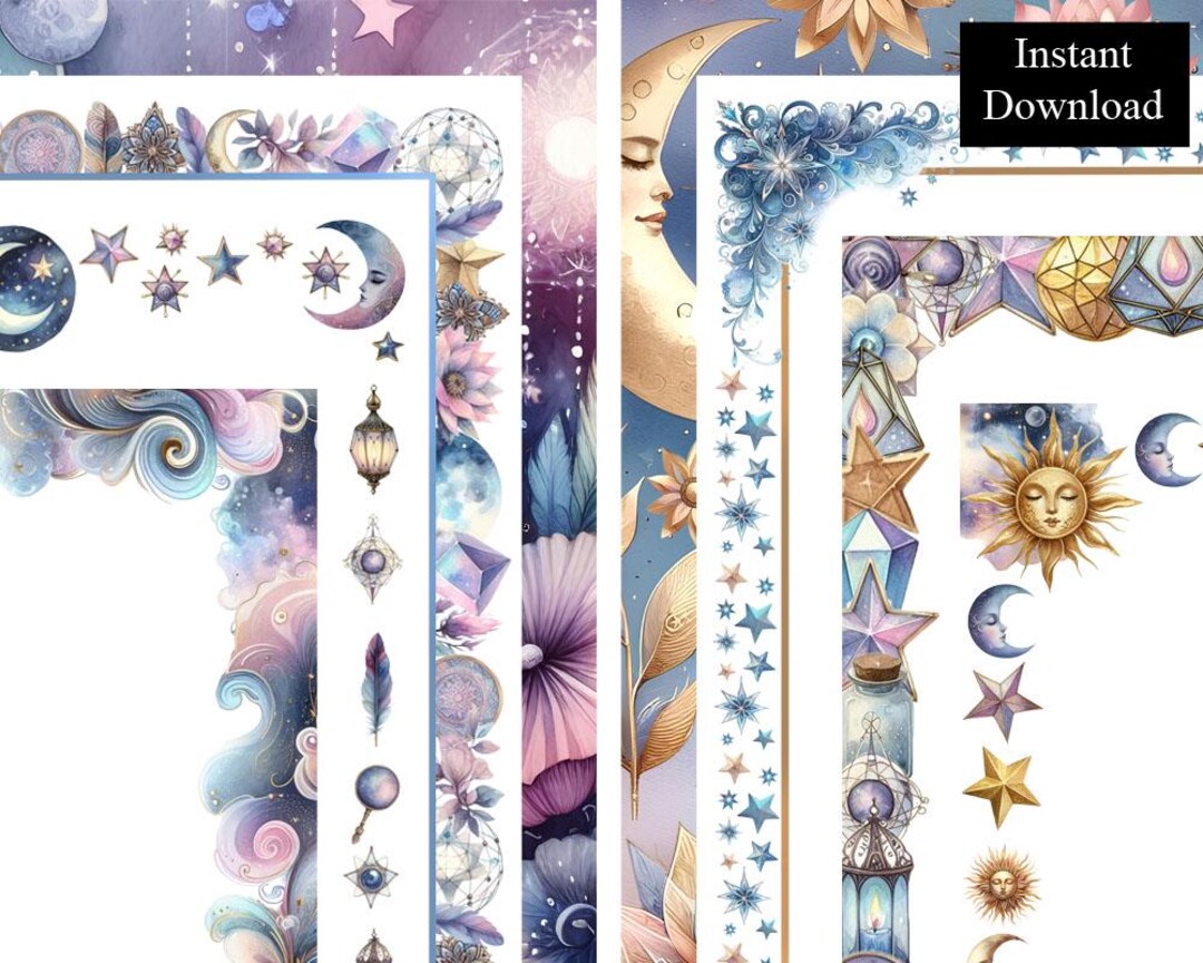 Mystic Sun & Moon Watercolour Borders Frames Clip Art Bundle 8 Digital ...