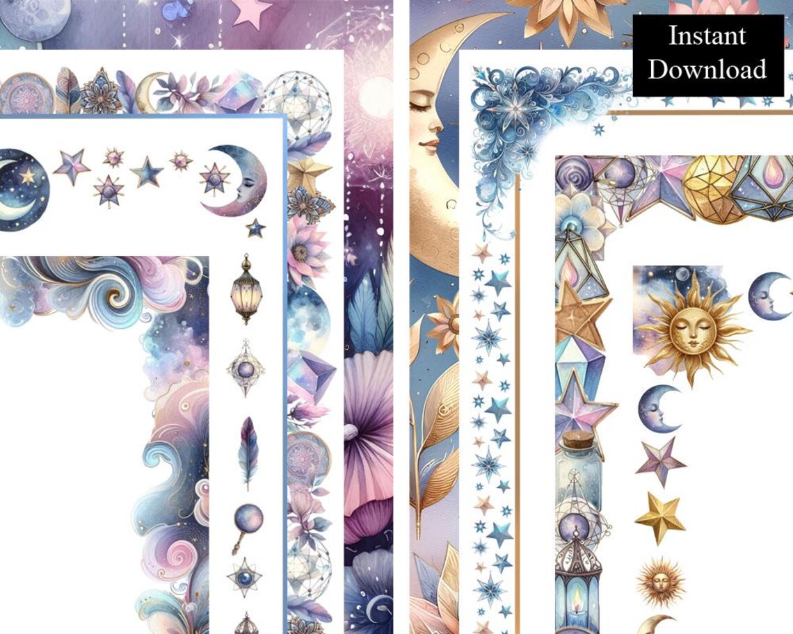Mystic Sun & Moon Watercolour Borders Frames Clip Art Bundle 8 Digital ...
