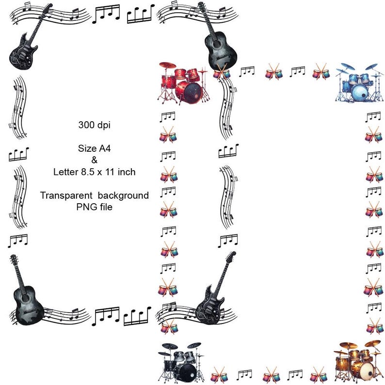 Music Borders Watercolour Frames Piano Keys Music Notes Guitar Drums ...
