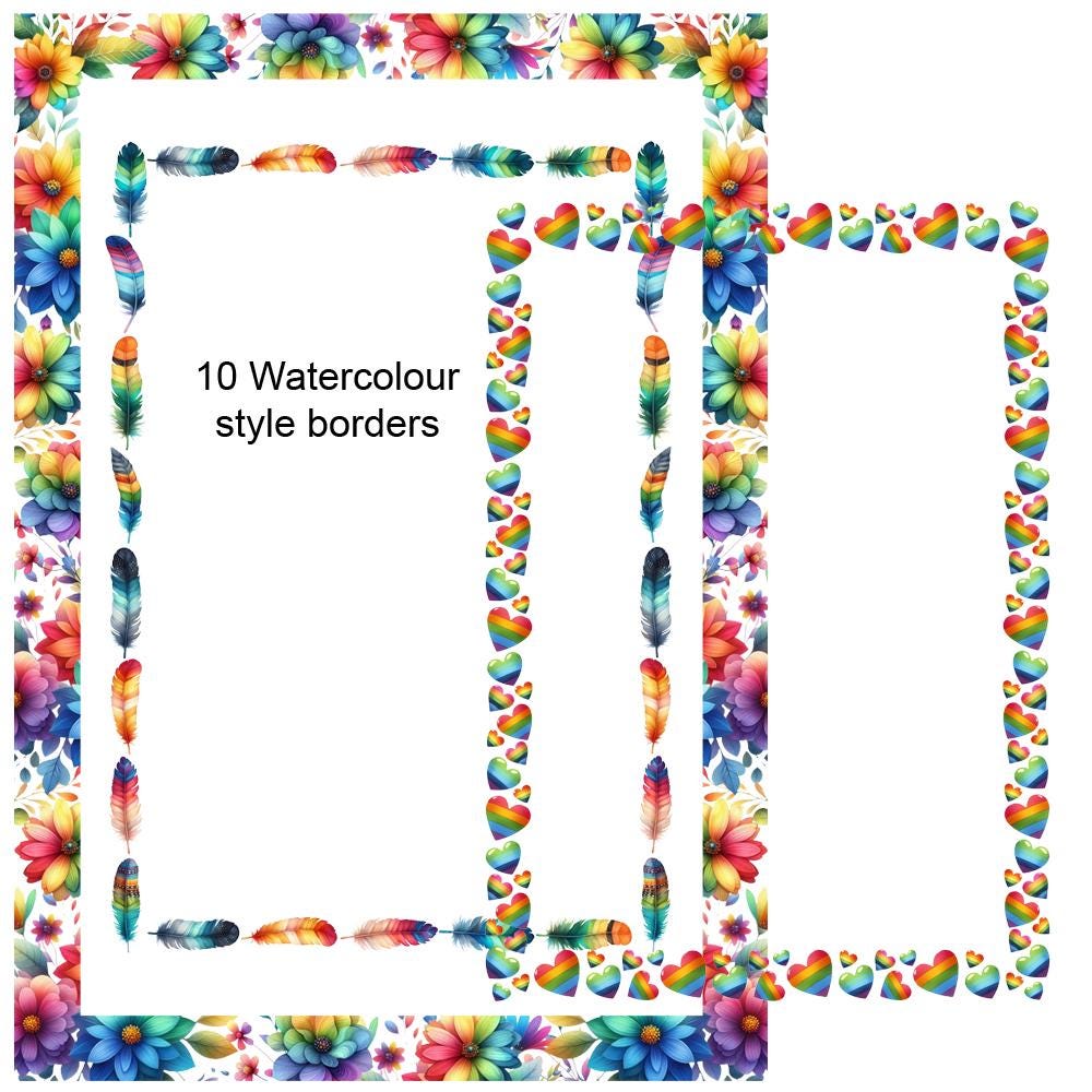 Colourful Rainbow Watercolour Style Borders Frame Edge Bundle 10 PNG ...
