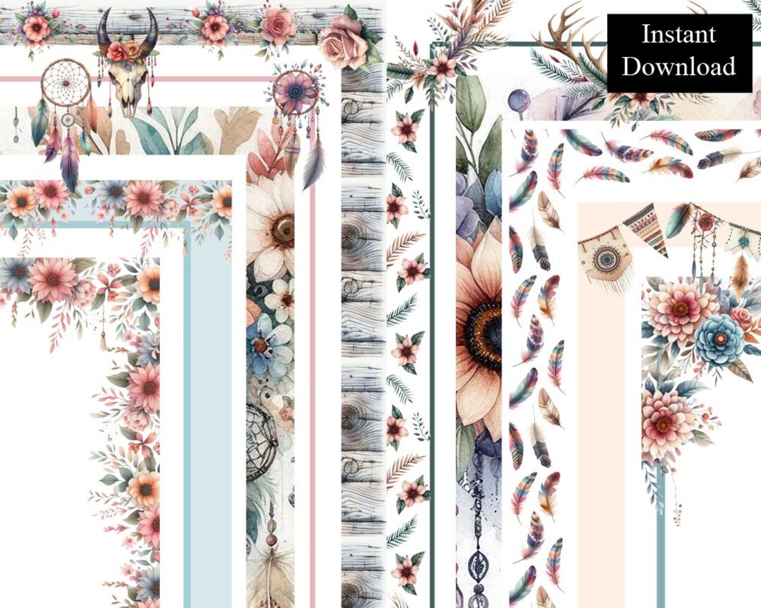 Boho Floral Page Borders Frames Clip Art Bundle 10 Digital Download ...