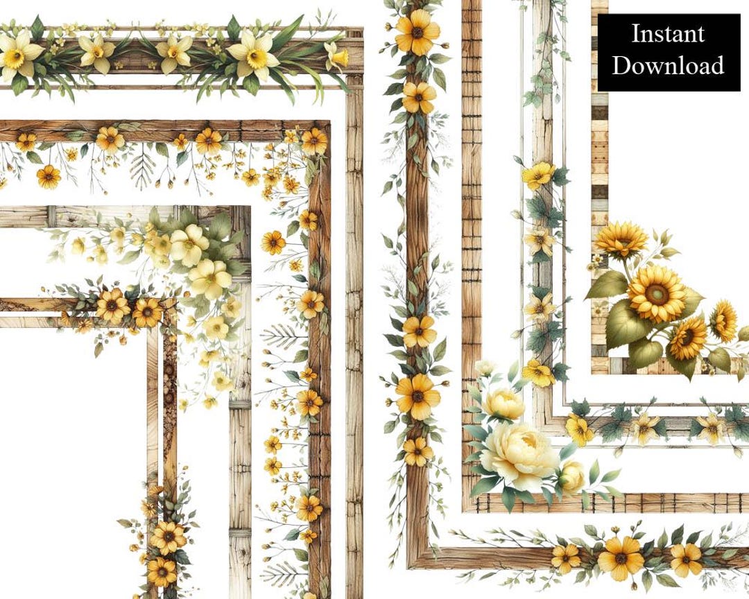 Wood and Yellow Flower Frames Watercolour Borders Page Frames Clip Art ...