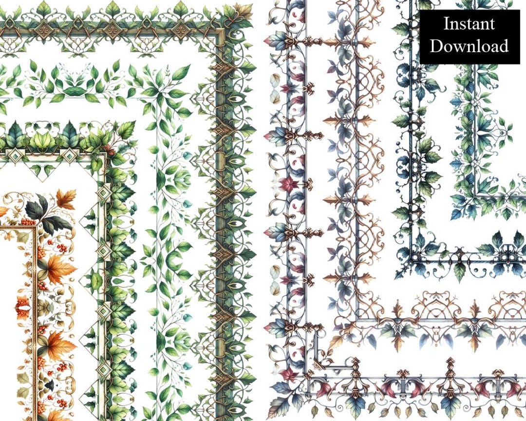 Leaves and Vines Watercolour Style Border Frame Edge Bundle 8 Digital ...