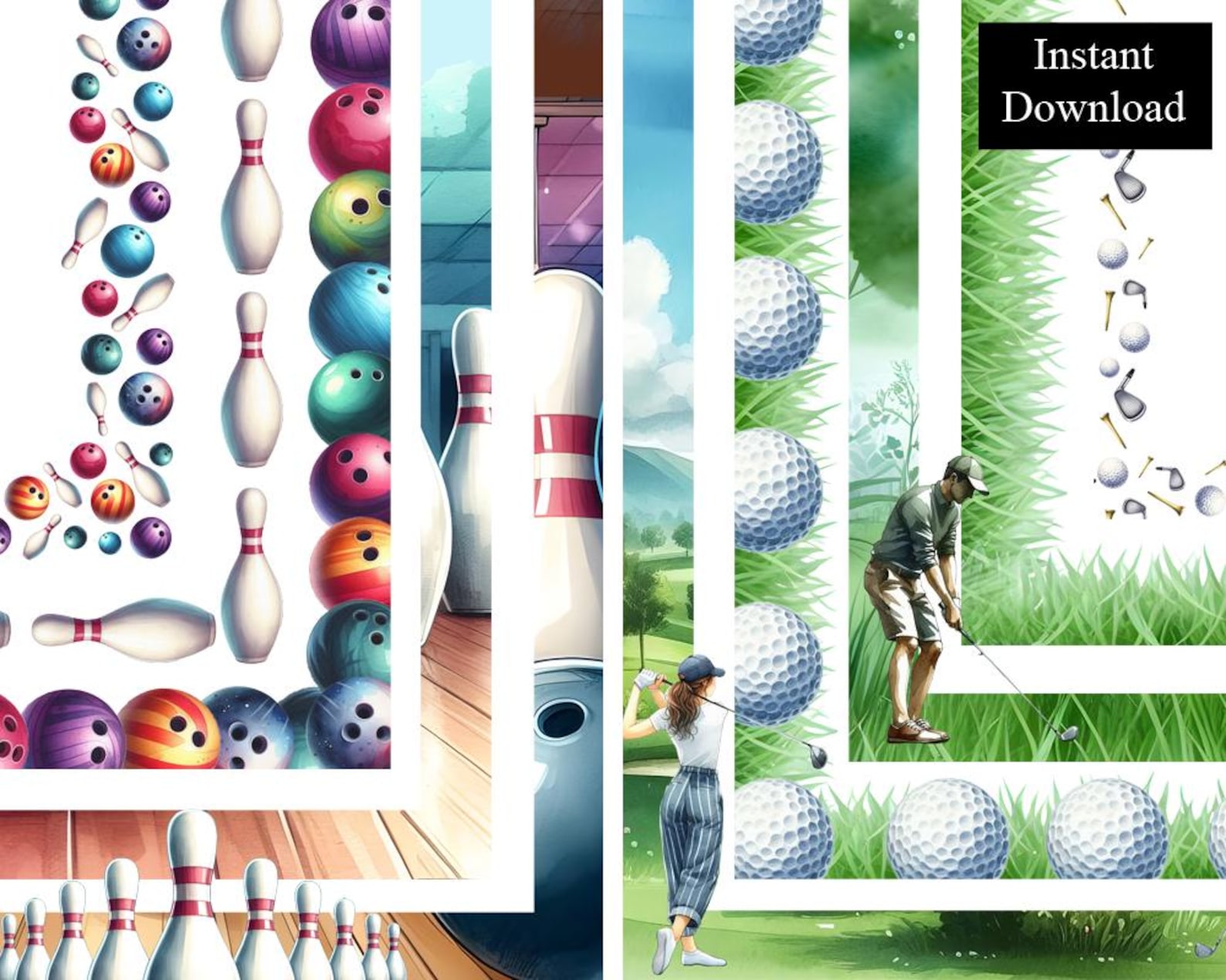Golf, Ten Pin Bowling Watercolour Borders Frame Golf Ball Clip Art ...
