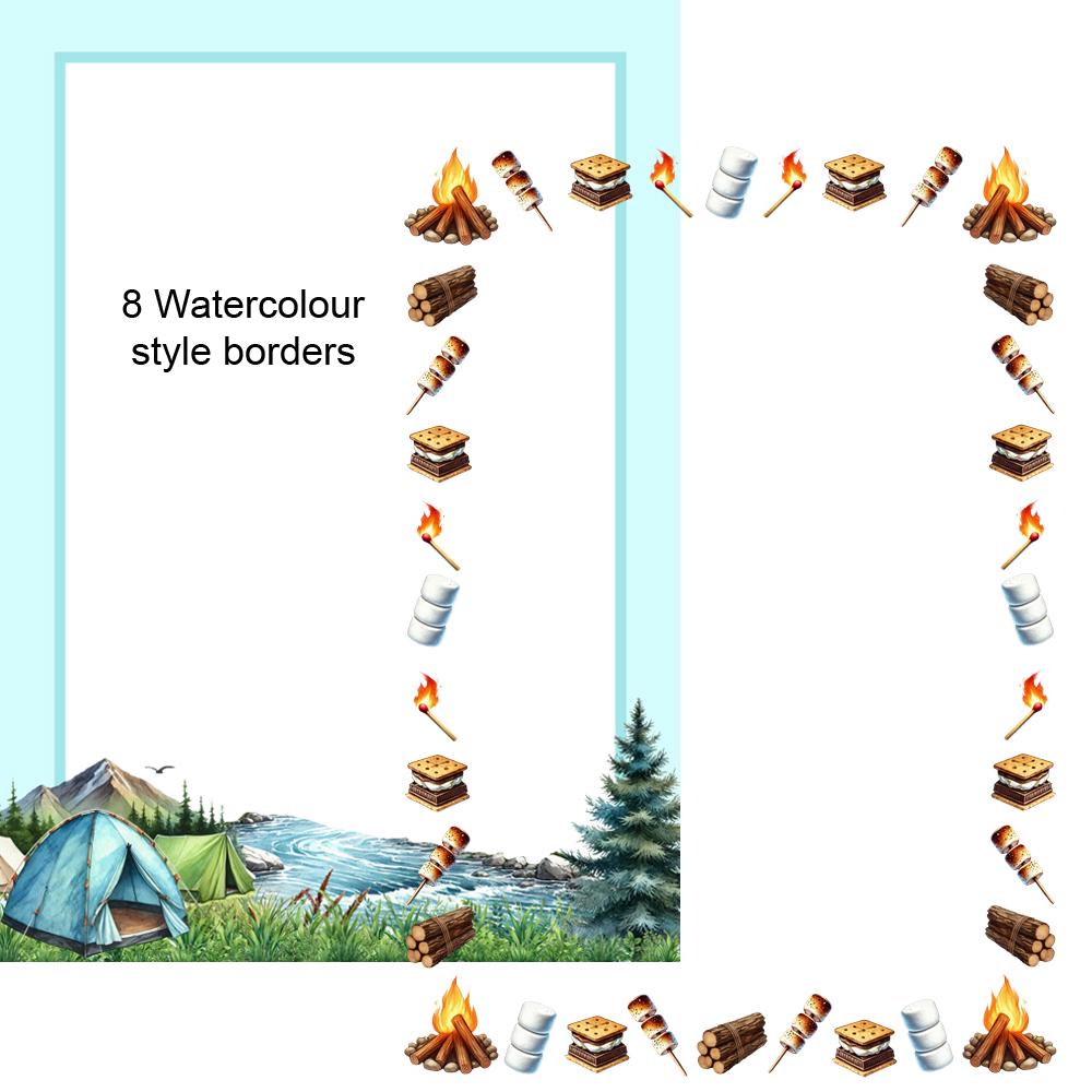 Camping Watercolour Borders Frames Tents Log Fire Camp Items Clip Art ...