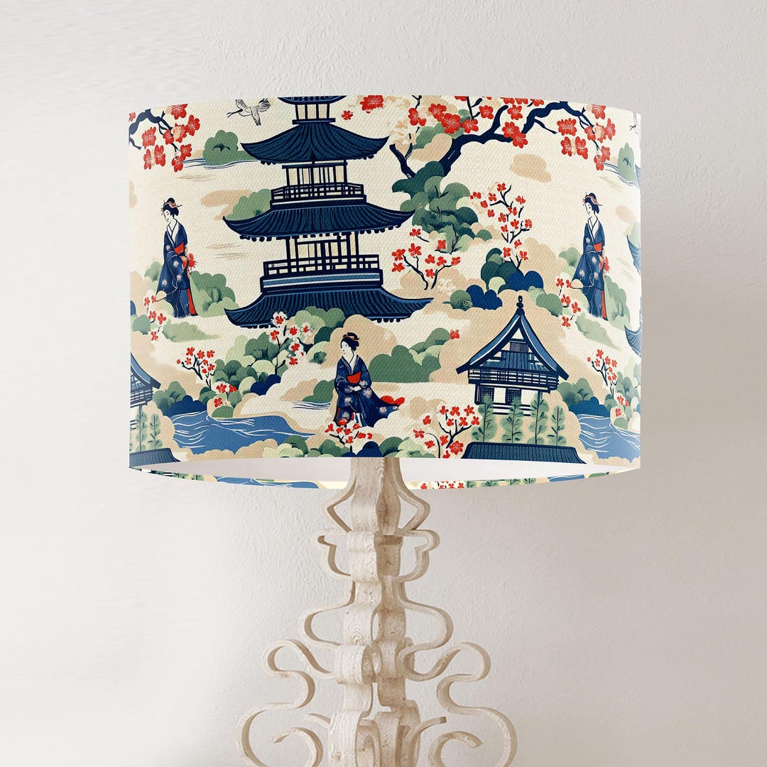 Navy Blue Green Oriental Japanese Geisha Lampshade, Handmade Fabric ...