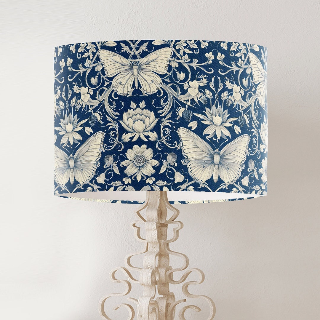 William Morris Style Lampshade, Butterfly Lamp Shade Cream on Navy Blue ...