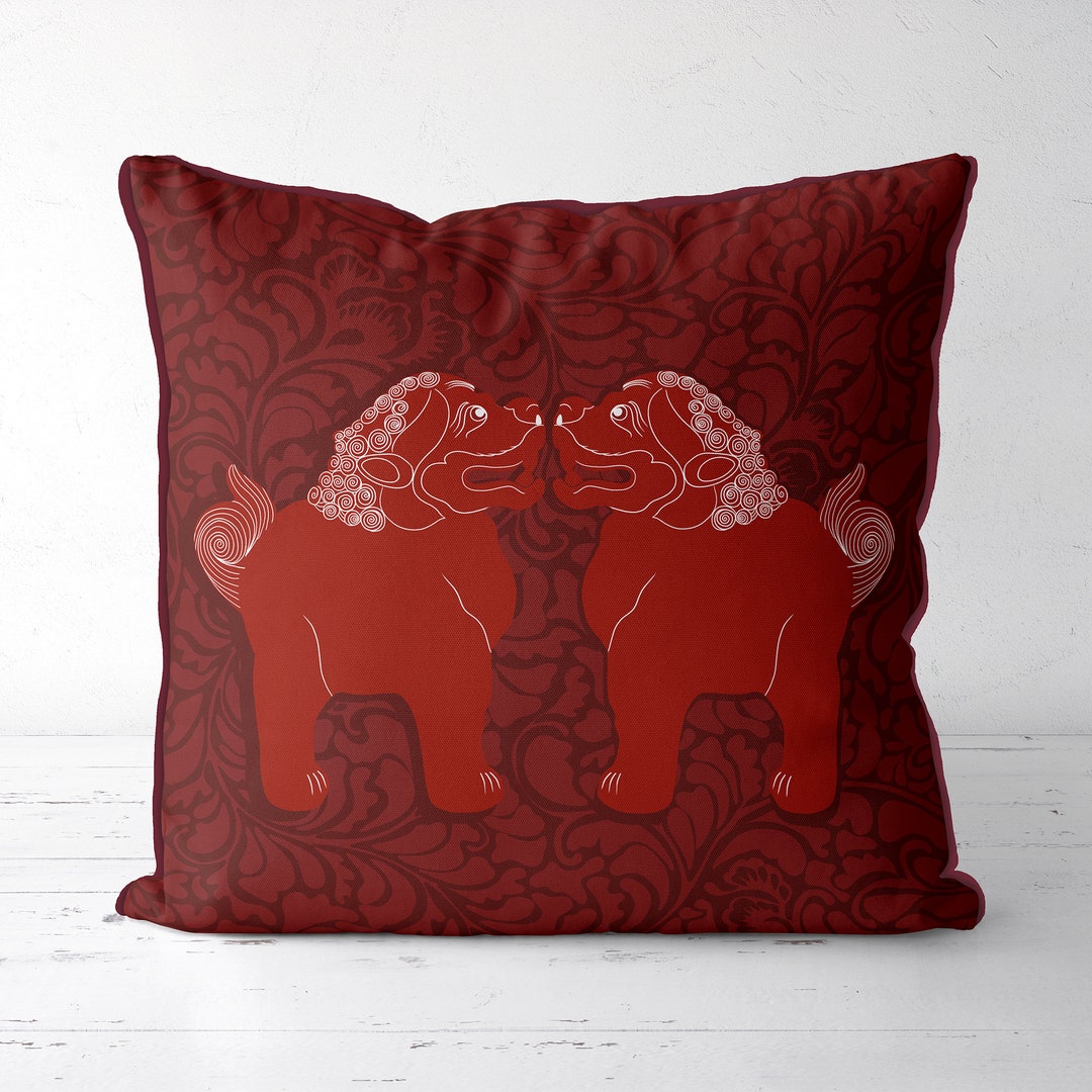 Red Foo Dogs Pillow Cover, Red Chinese Throw Cushion, Designer Pillow ...