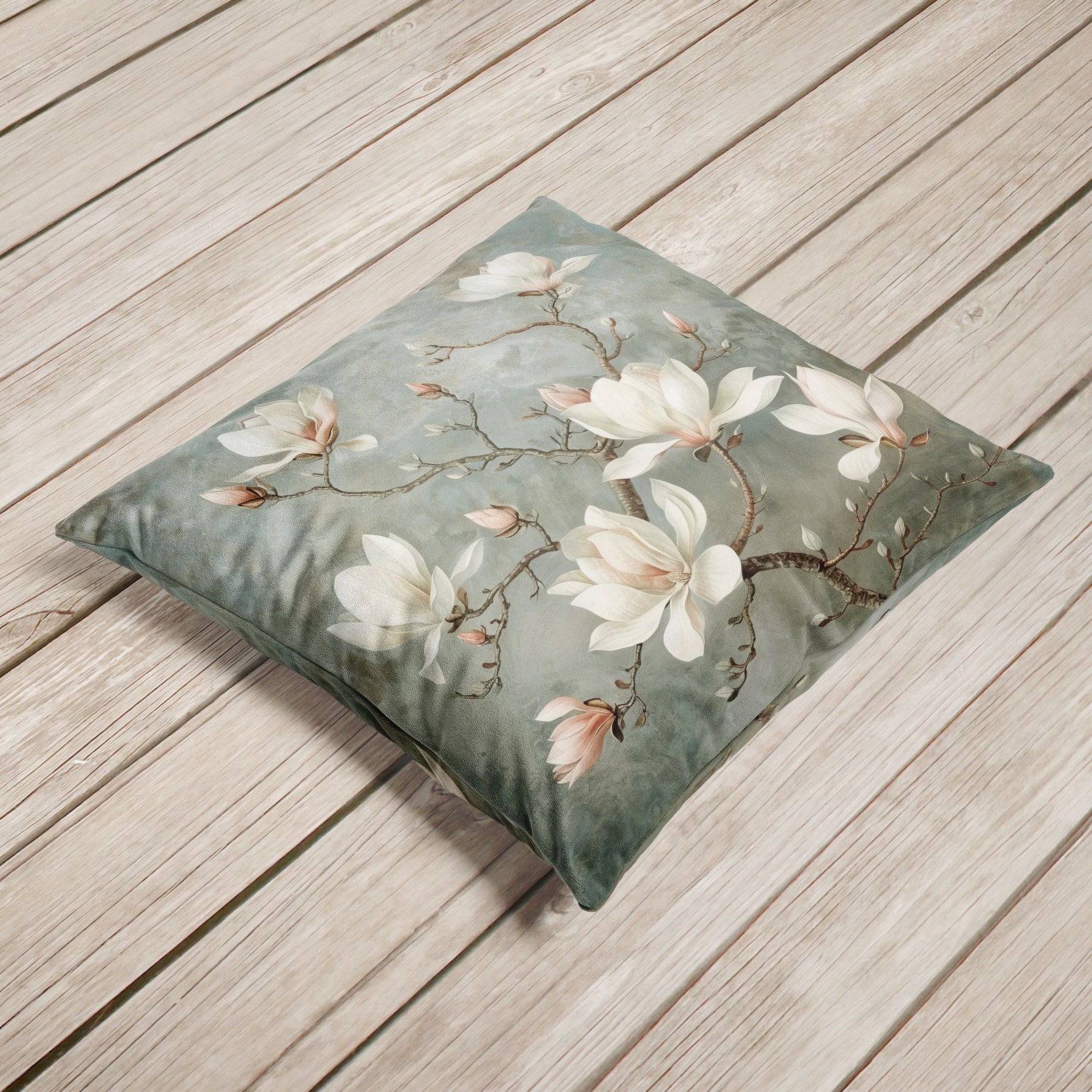 White Magnolia Flowers on Grey Print Velvet Pillow Cover, Country ...