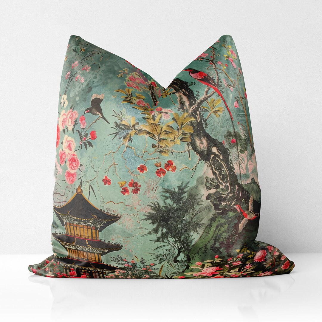 Luxury Velvet Chinese Style Pagoda Throw Pillow Cover, Chinoiserie Bird ...