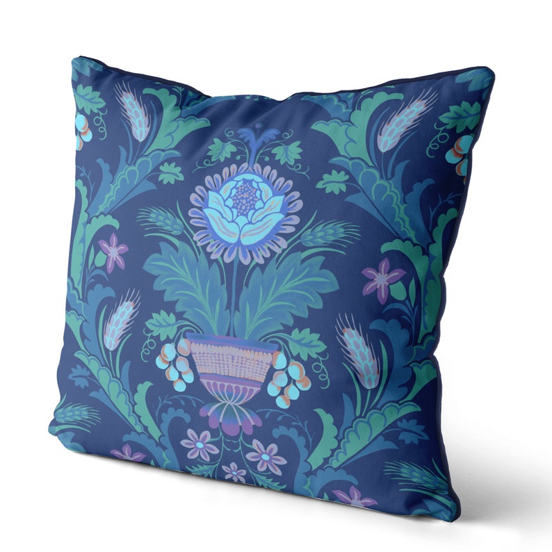 Blue Damask Pillow Cover, Modern English Country Style, Floral Cushion ...