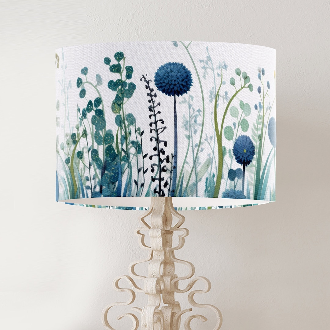 Scandi Style Blue and Green Floral Drum Lampshade, Printed Fabric ...