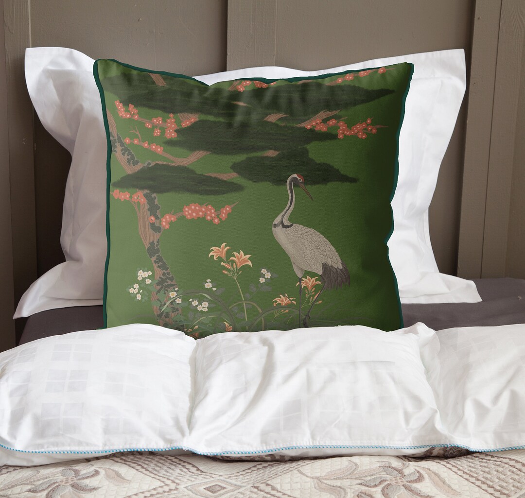 Chinoiserie Pillow Covers - Crane Garden 2 on Green - Chinoiserie ...