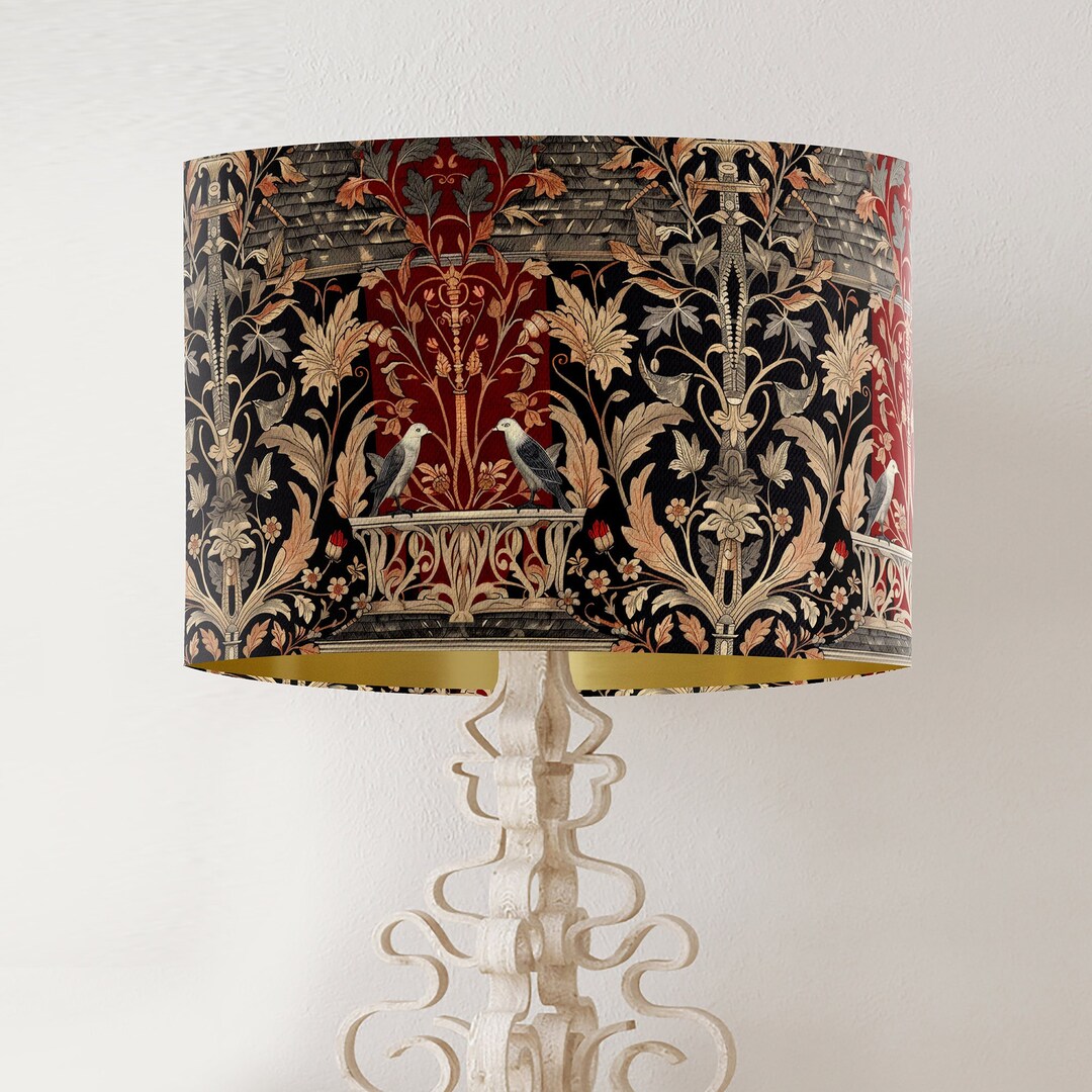 William Morris Style Lampshade, Art Nouveau Red Gold Black Bird Design ...